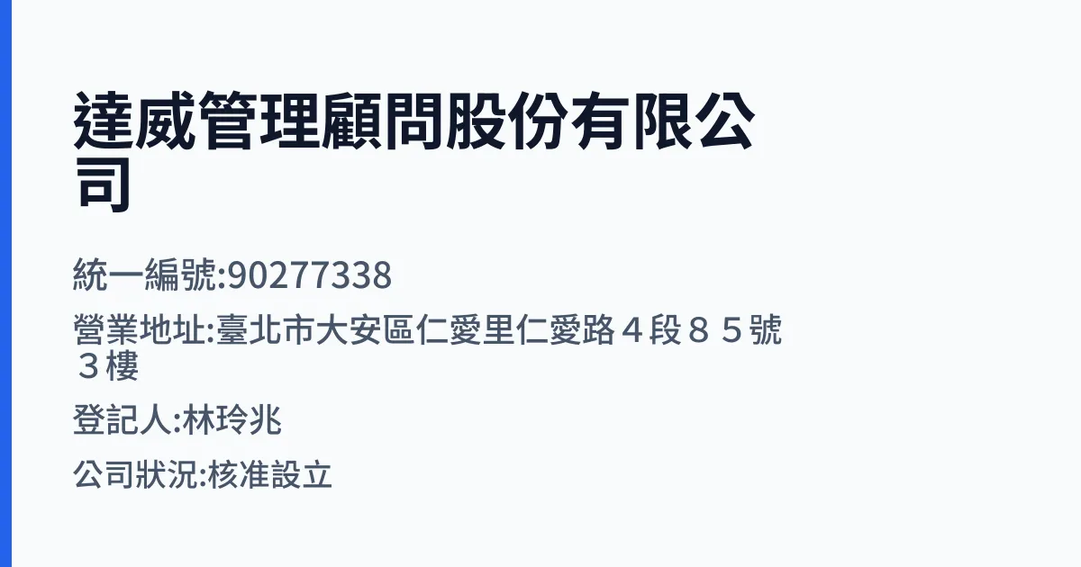 達威管理顧問股份有限公司 - 統編 90277338(臺北市) 公司登記資料與營業項目詳細圖表