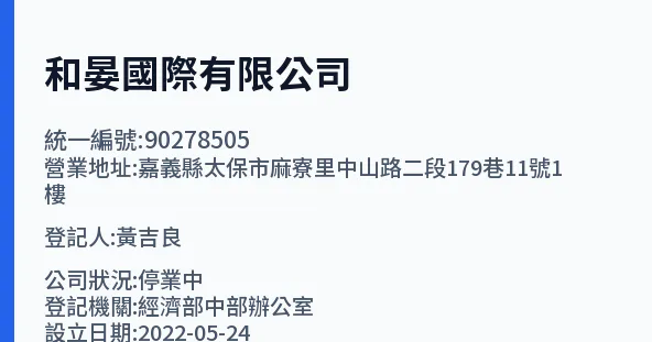 和晏國際有限公司的照片-統編 90278505(嘉義縣) 公司登記資料與營業項目詳細圖表