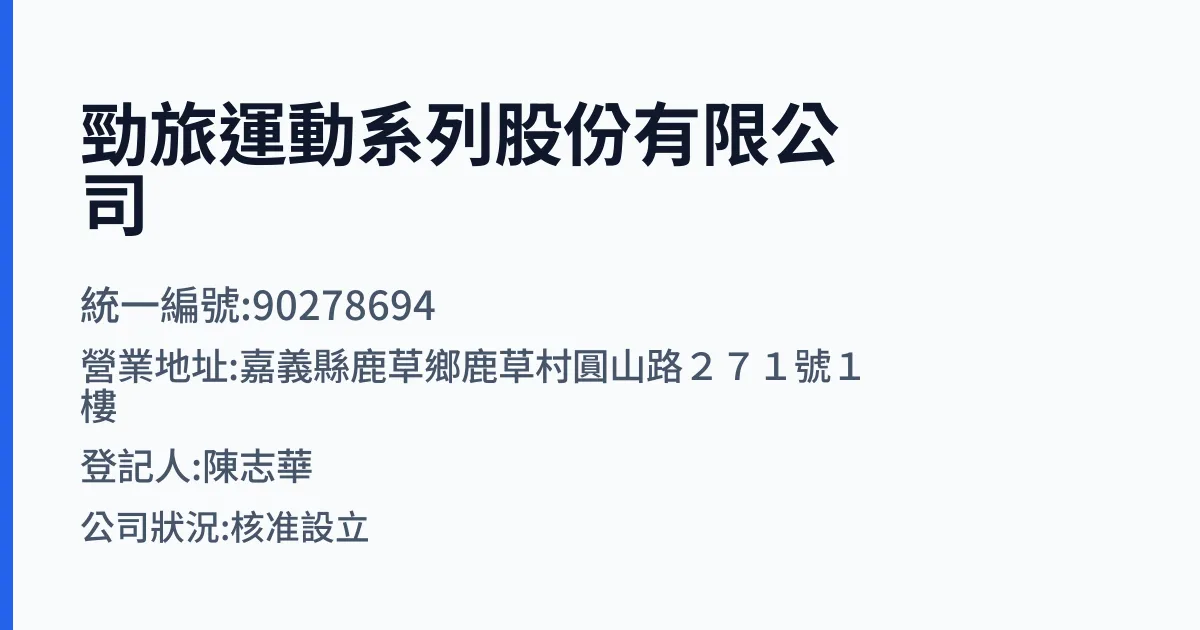勁旅運動系列股份有限公司 - 統編 90278694(嘉義縣) 公司登記資料與營業項目詳細圖表