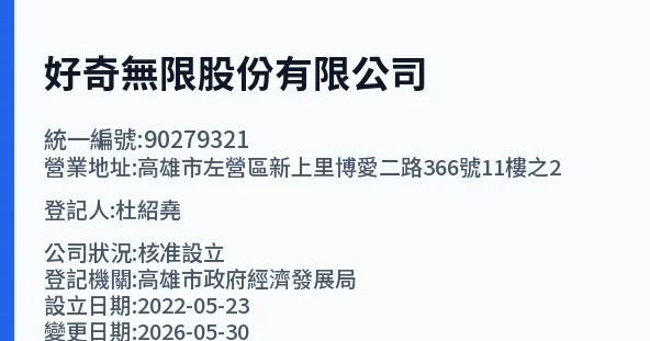 好奇無限股份有限公司的照片-統編 90279321(高雄市) 公司登記資料與營業項目詳細圖表