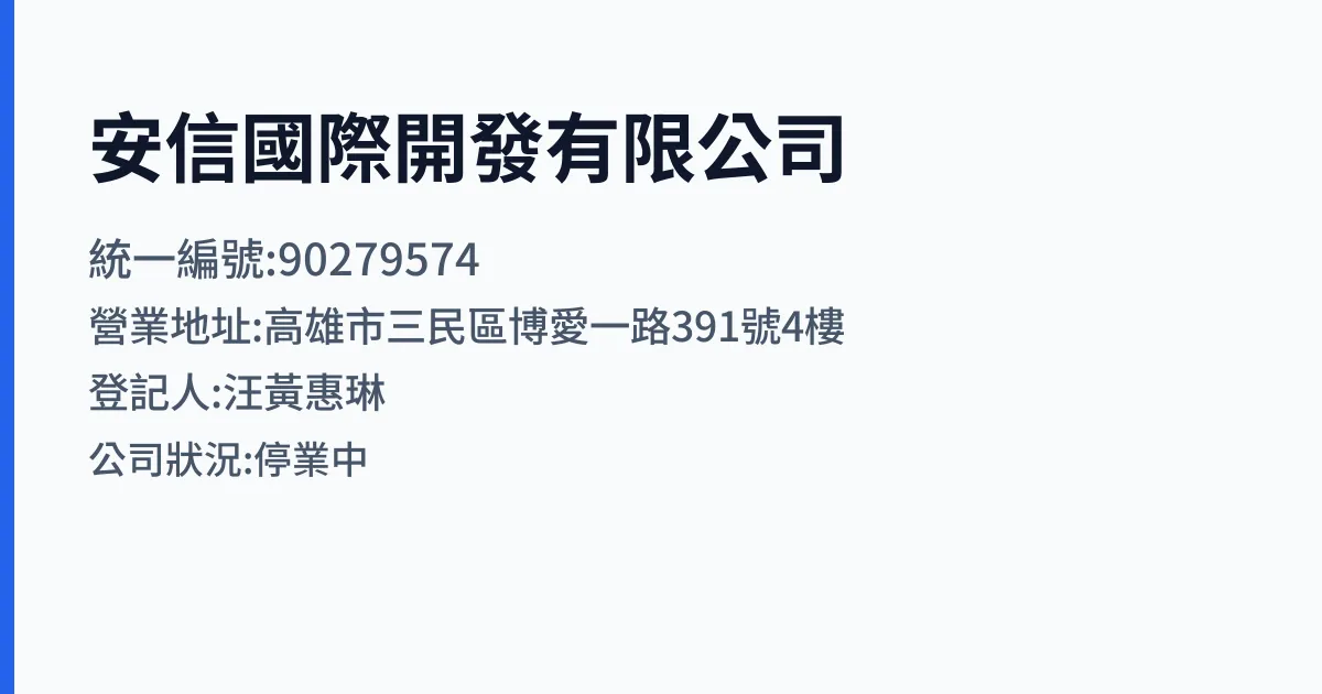 安信國際開發有限公司 - 統編 90279574(高雄市) 公司登記資料與營業項目詳細圖表