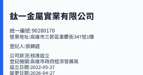 鈦一金屬實業有限公司的照片-統編 90280170(高雄市) 公司登記資料與營業項目詳細圖表