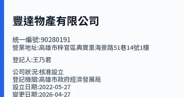 豐達物產有限公司的照片-統編 90280191(高雄市) 公司登記資料與營業項目詳細圖表