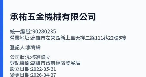承祐五金機械有限公司的照片-統編 90280235(高雄市) 公司登記資料與營業項目詳細圖表