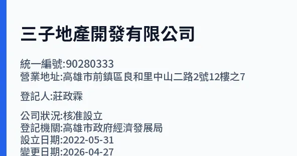 三子地產開發有限公司的照片-統編 90280333(高雄市) 公司登記資料與營業項目詳細圖表
