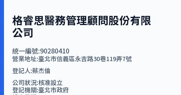 格睿思醫務管理顧問股份有限公司的照片-統編 90280410(臺北市) 公司登記資料與營業項目詳細圖表