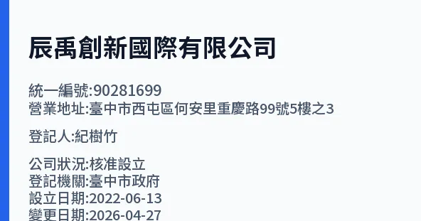 辰禹創新國際有限公司的照片-統編 90281699(臺中市) 公司登記資料與營業項目詳細圖表
