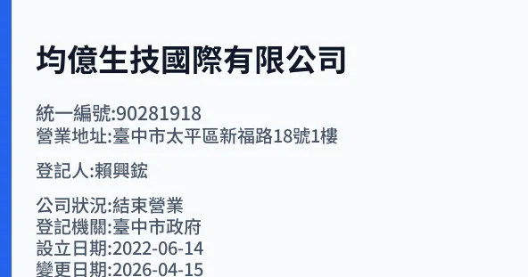 均億生技國際有限公司的照片-統編 90281918(臺中市) 公司登記資料與營業項目詳細圖表