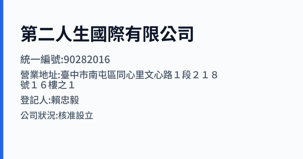 第二人生國際有限公司 - 統編 90282016(臺中市) 公司登記資料與營業項目詳細圖表