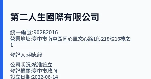 第二人生國際有限公司的照片-統編 90282016(臺中市) 公司登記資料與營業項目詳細圖表