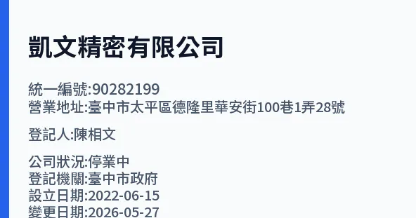 凱文精密有限公司的照片-統編 90282199(臺中市) 公司登記資料與營業項目詳細圖表