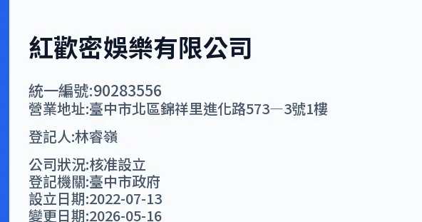 紅歡密娛樂有限公司的照片-統編 90283556(臺中市) 公司登記資料與營業項目詳細圖表