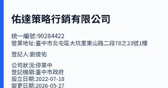佑達策略行銷有限公司的照片-統編 90284422(臺中市) 公司登記資料與營業項目詳細圖表