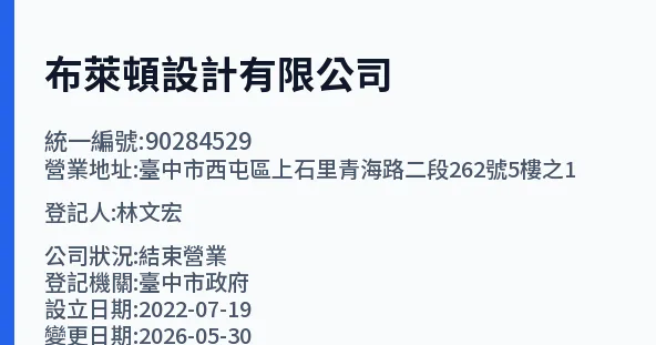 布萊頓設計有限公司的照片-統編 90284529(臺中市) 公司登記資料與營業項目詳細圖表