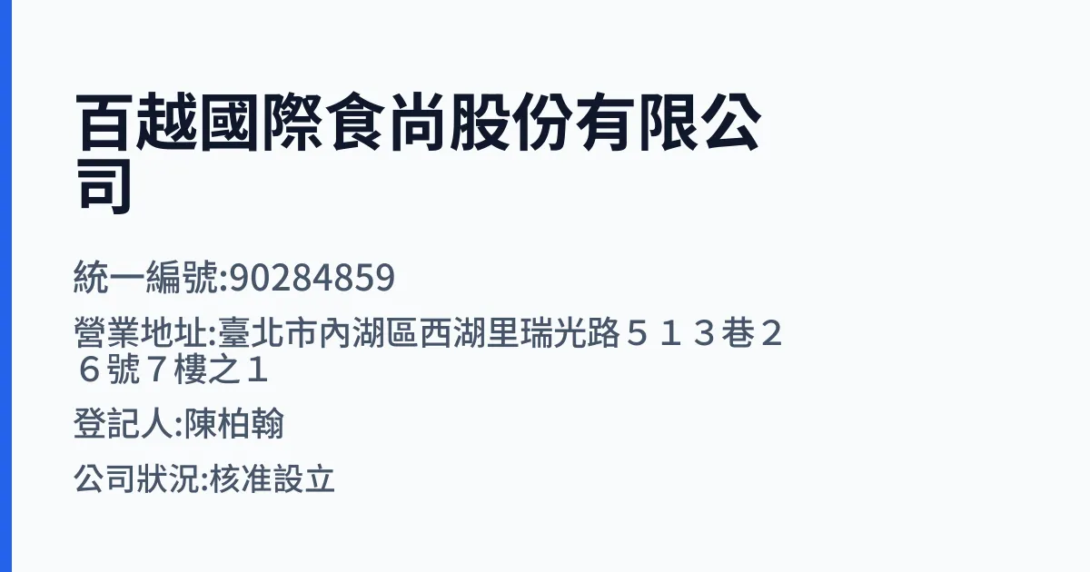 百越國際食尚股份有限公司 - 統編 90284859(臺北市) 公司登記資料與營業項目詳細圖表