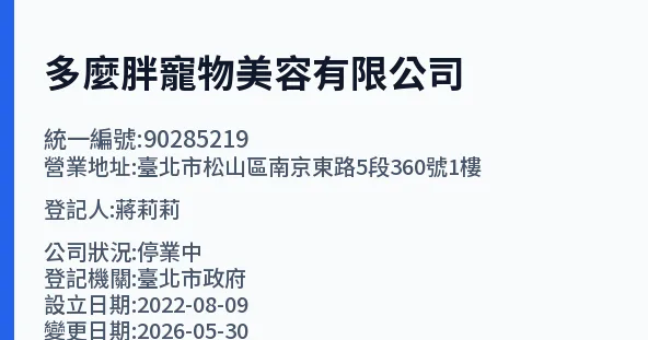多麼胖寵物美容有限公司的照片-統編 90285219(臺北市) 公司登記資料與營業項目詳細圖表