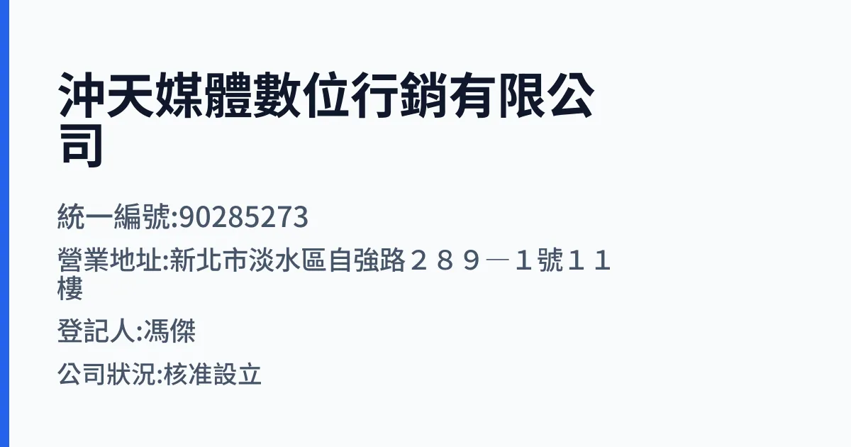 沖天媒體數位行銷有限公司 - 統編 90285273(新北市) 公司登記資料與營業項目詳細圖表