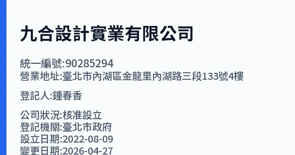 九合設計實業有限公司的照片-統編 90285294(臺北市) 公司登記資料與營業項目詳細圖表