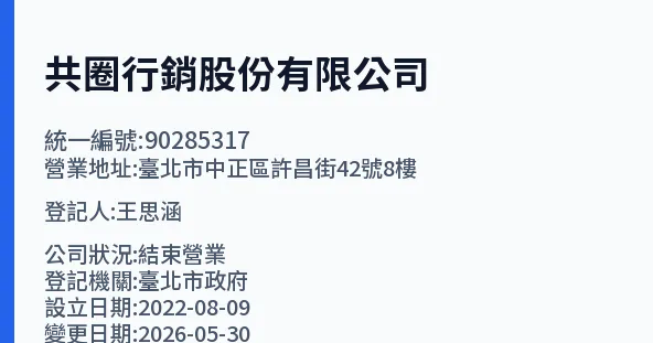 共圈行銷股份有限公司的照片-統編 90285317(臺北市) 公司登記資料與營業項目詳細圖表