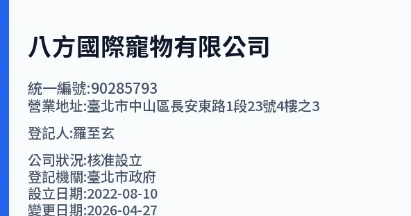 八方國際寵物有限公司的照片-統編 90285793(臺北市) 公司登記資料與營業項目詳細圖表