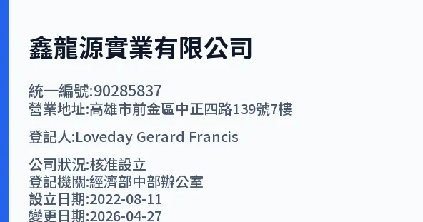鑫龍源實業有限公司的照片-統編 90285837(高雄市) 公司登記資料與營業項目詳細圖表