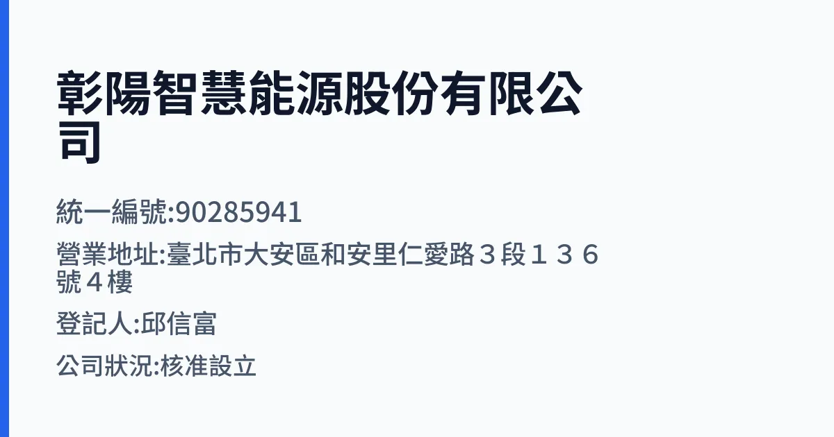 彰陽智慧能源股份有限公司 - 統編 90285941(臺北市) 公司登記資料與營業項目詳細圖表