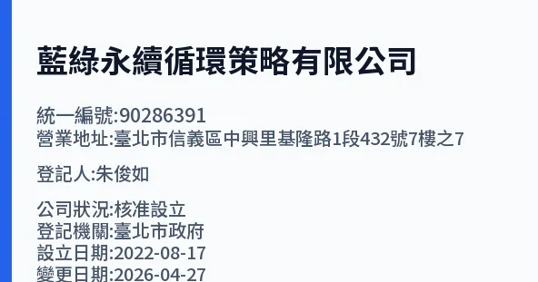 藍綠永續循環策略有限公司的照片-統編 90286391(臺北市) 公司登記資料與營業項目詳細圖表