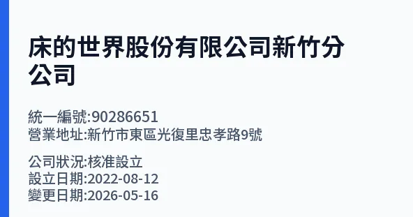 床的世界股份有限公司新竹分公司的照片-統編 90286651(新竹市) 公司登記資料與營業項目詳細圖表