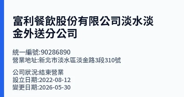 富利餐飲股份有限公司淡水淡金外送分公司的照片-統編 90286890(新北市) 公司登記資料與營業項目詳細圖表