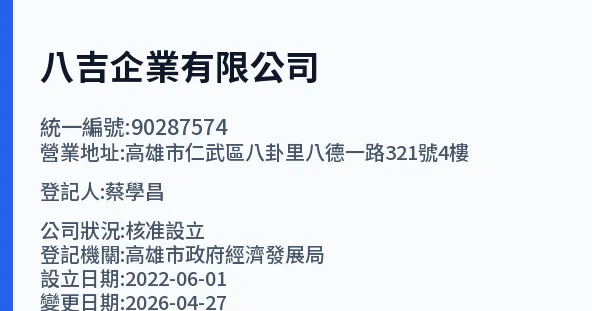 八吉企業有限公司的照片-統編 90287574(高雄市) 公司登記資料與營業項目詳細圖表