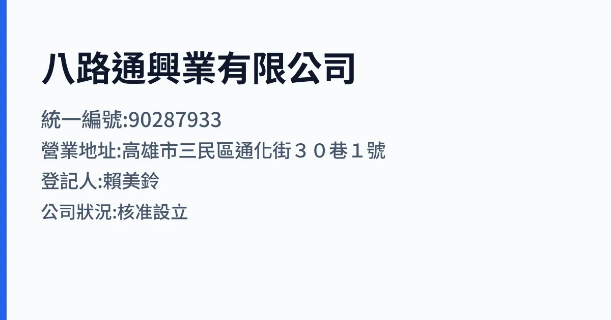 八路通興業有限公司 - 統編 90287933(高雄市) 公司登記資料與營業項目詳細圖表