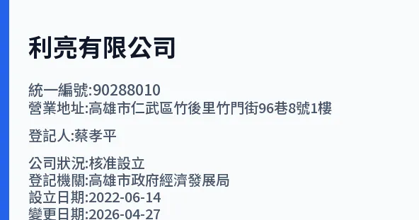 利亮有限公司的照片-統編 90288010(高雄市) 公司登記資料與營業項目詳細圖表