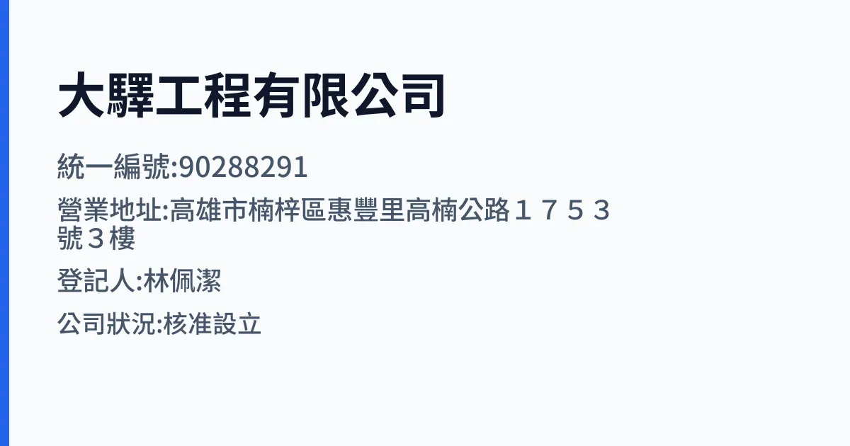 大驛工程有限公司 - 統編 90288291(高雄市) 公司登記資料與營業項目詳細圖表
