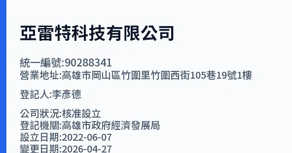 亞雷特科技有限公司的照片-統編 90288341(高雄市) 公司登記資料與營業項目詳細圖表
