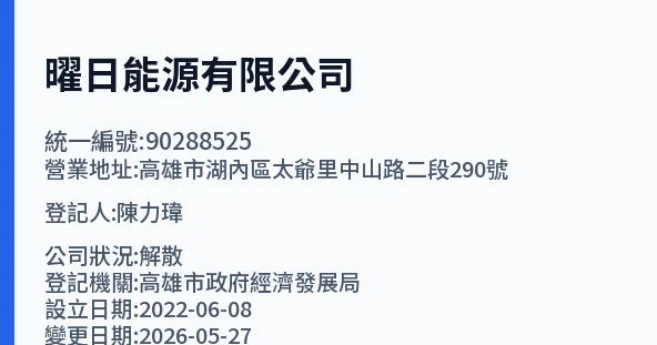 曜日能源有限公司的照片-統編 90288525(高雄市) 公司登記資料與營業項目詳細圖表