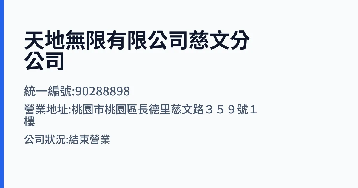 天地無限有限公司慈文分公司 - 統編 90288898（桃園市） 公司登記資料與營業項目詳細圖表