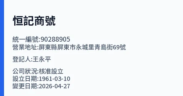 恒記商號的照片-統編 90288905(屏東縣) 公司登記資料與營業項目詳細圖表