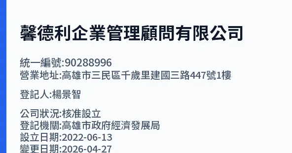馨德利企業管理顧問有限公司的照片-統編 90288996(高雄市) 公司登記資料與營業項目詳細圖表