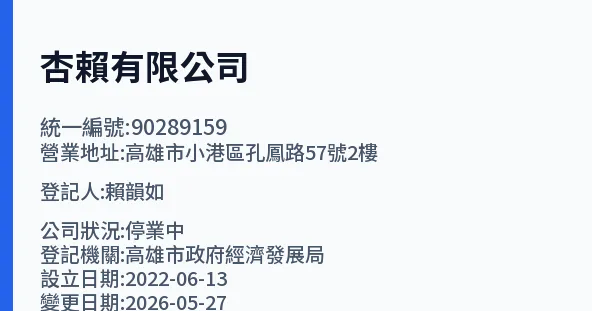 杏賴有限公司的照片-統編 90289159(高雄市) 公司登記資料與營業項目詳細圖表