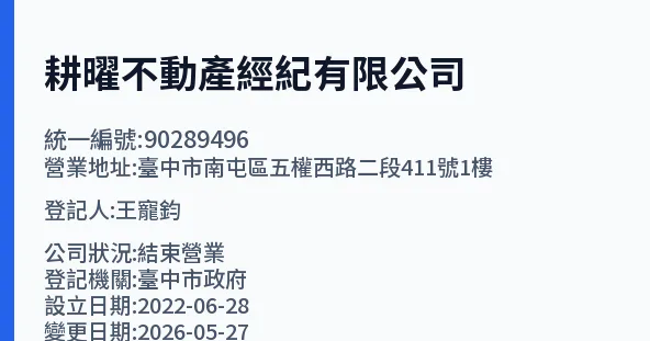 耕曜不動產經紀有限公司的照片-統編 90289496(臺中市) 公司登記資料與營業項目詳細圖表