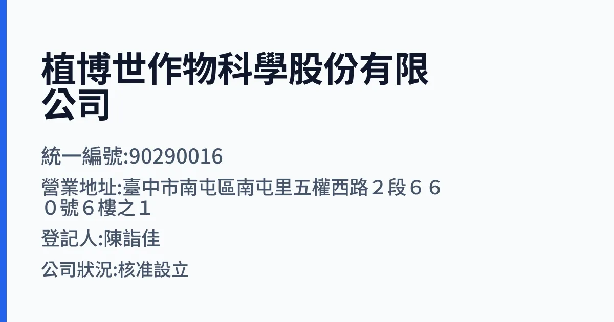 植博世作物科學股份有限公司 - 統編 90290016(臺中市) 公司登記資料與營業項目詳細圖表