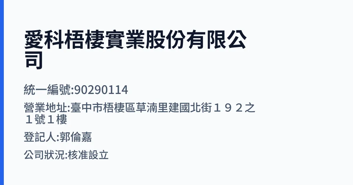 愛科梧棲實業股份有限公司 - 統編 90290114(臺中市) 公司登記資料與營業項目詳細圖表