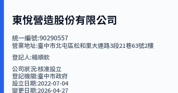 東悅營造股份有限公司的照片-統編 90290557(臺中市) 公司登記資料與營業項目詳細圖表