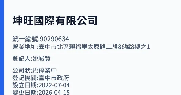 坤旺國際有限公司的照片-統編 90290634(臺中市) 公司登記資料與營業項目詳細圖表
