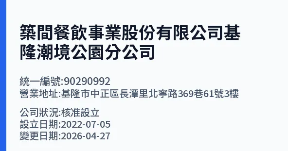 築間餐飲事業股份有限公司基隆潮境公園分公司的照片-統編 90290992(基隆市) 公司登記資料與營業項目詳細圖表