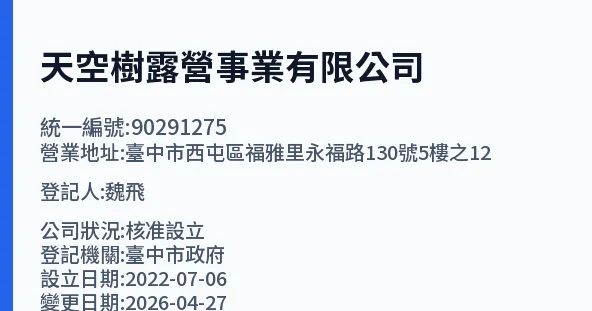 天空樹露營事業有限公司的照片-統編 90291275(臺中市) 公司登記資料與營業項目詳細圖表