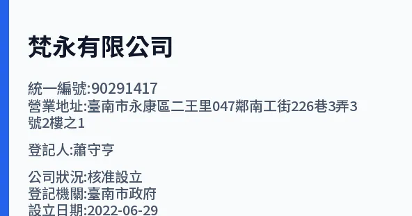 梵永有限公司的照片-統編 90291417(臺南市) 公司登記資料與營業項目詳細圖表