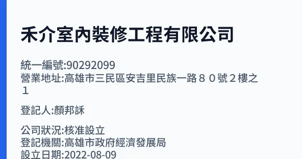 禾介室內裝修工程有限公司的照片-統編 90292099(高雄市) 公司登記資料與營業項目詳細圖表