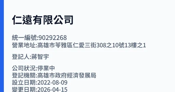 仁遠有限公司的照片-統編 90292268(高雄市) 公司登記資料與營業項目詳細圖表
