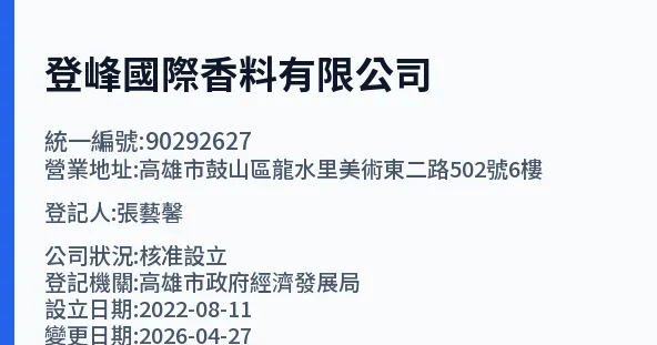 登峰國際香料有限公司的照片-統編 90292627(高雄市) 公司登記資料與營業項目詳細圖表